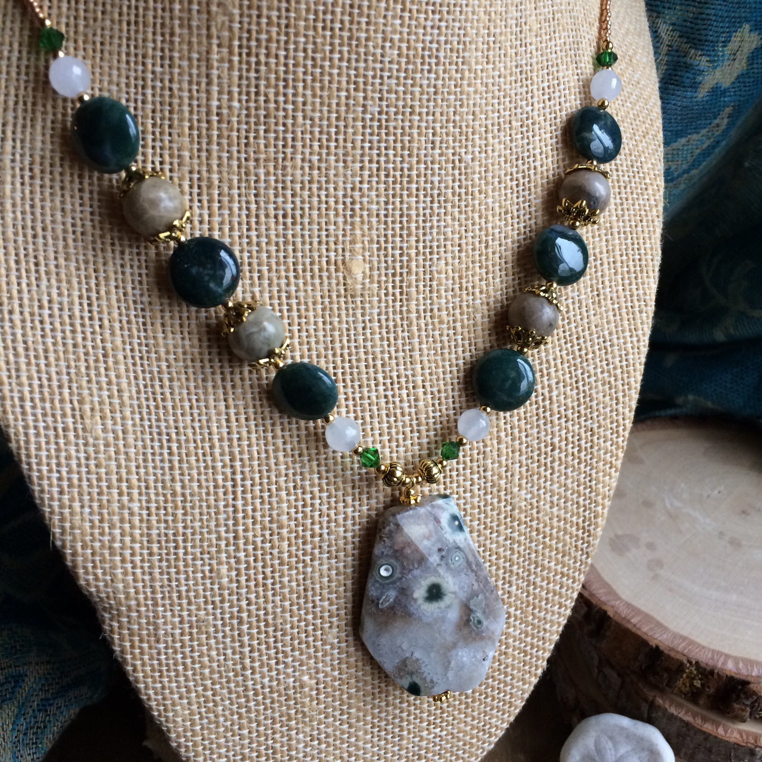 Boho Necklace Set Handmade Pendant Set Beaded Ocean Jasper Earrings ...