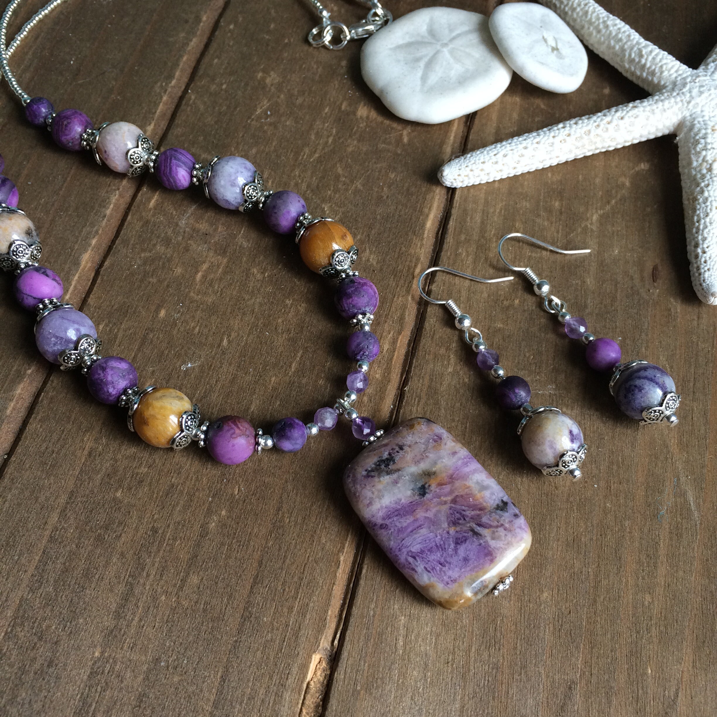 Stone jewelry set necklace earrings purple lepidolite lavender | Etsy