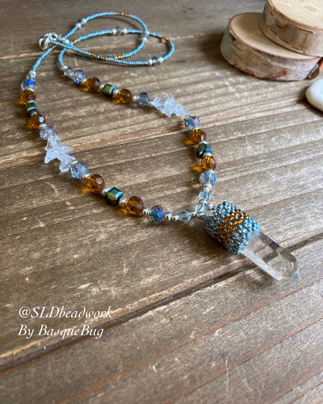 Crystal Wrapped Necklace Beaded Quartz Jewelry Double Terminated Blue ...