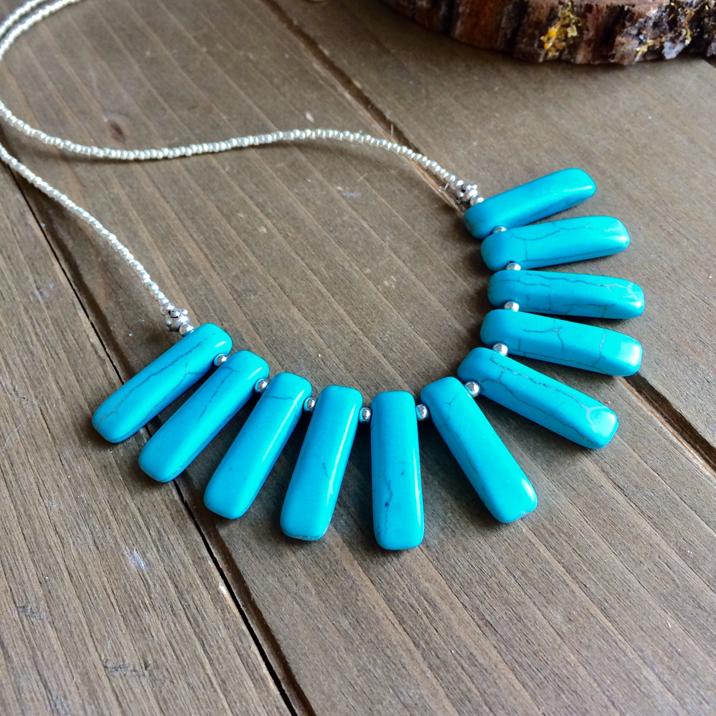Blue Turquoise Necklace Graduated Handmade Beaded Necklace Stone Pendant Silver Necklace Boho Hippie Mom Gift Unique Jewelry for Women SLD Etsy
