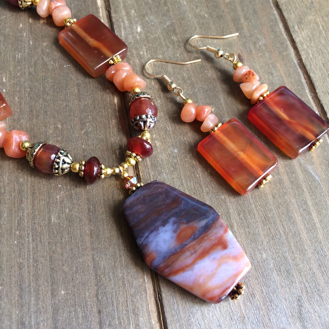 Stone Jewelry Set Necklace Earring Set Orange Gemstone Set Boho ...