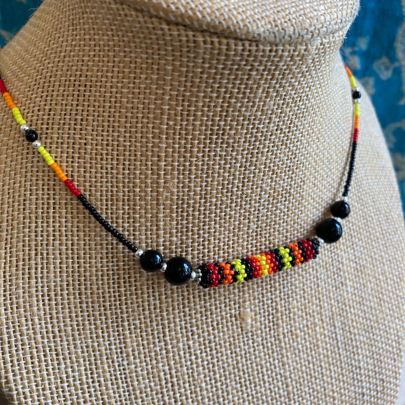 Boho Necklace Tribal Beaded Red Yellow Black Necklace Native | Etsy