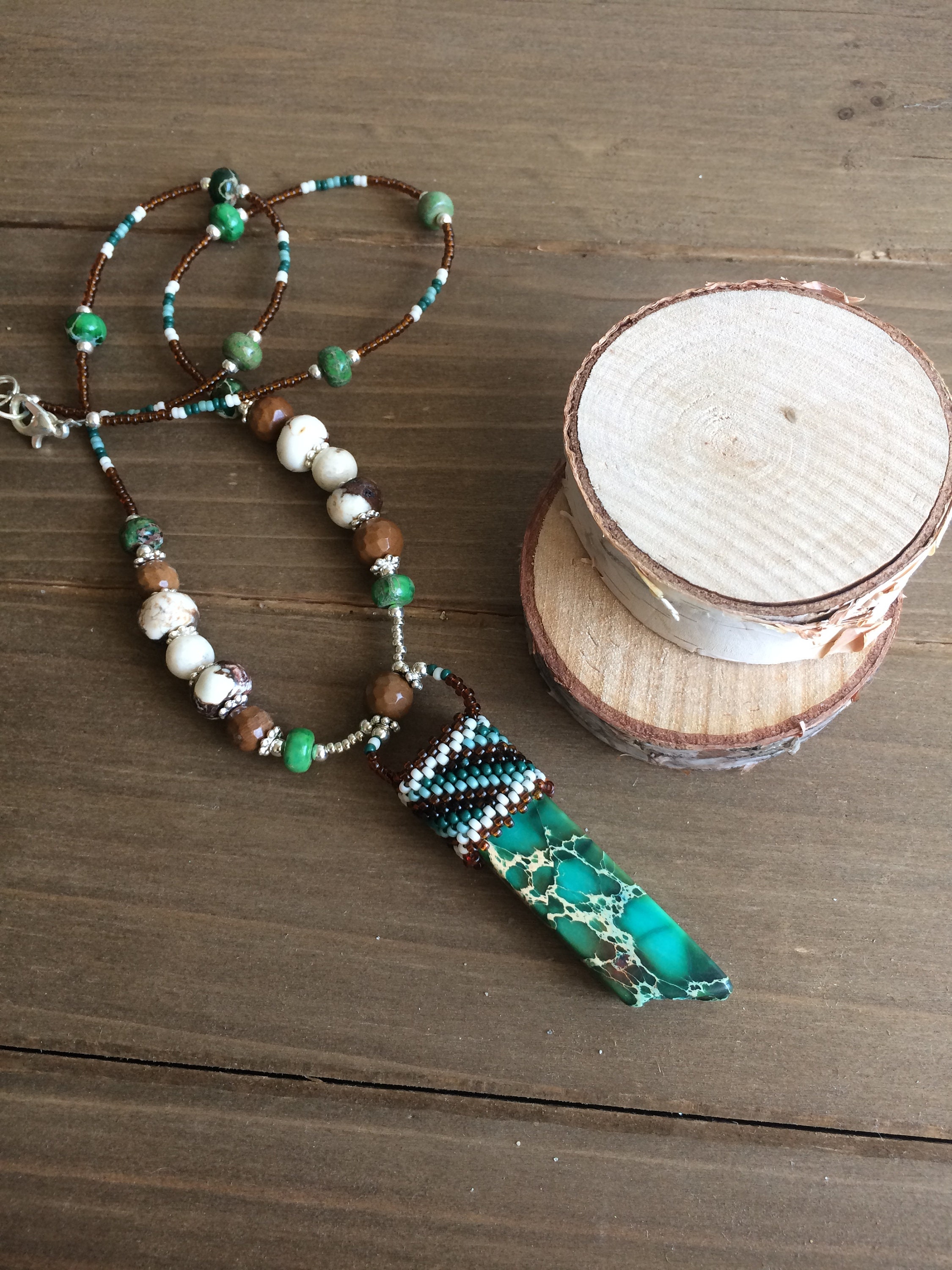 Peyote Beaded Necklace Green Mosaic Stone Pendant Necklace Boho Tribal ...