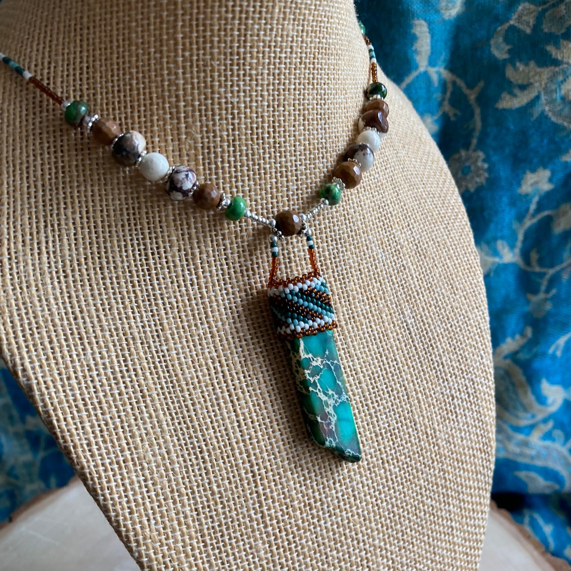 Peyote Beaded Necklace Green Mosaic Stone Pendant Necklace Boho Tribal ...