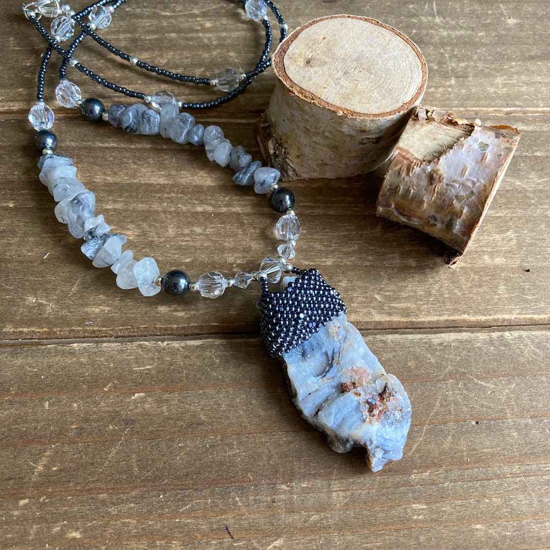 Peyote Beaded Necklace Crystal Wrap Druzy Peyote Stone Pendant Necklace ...