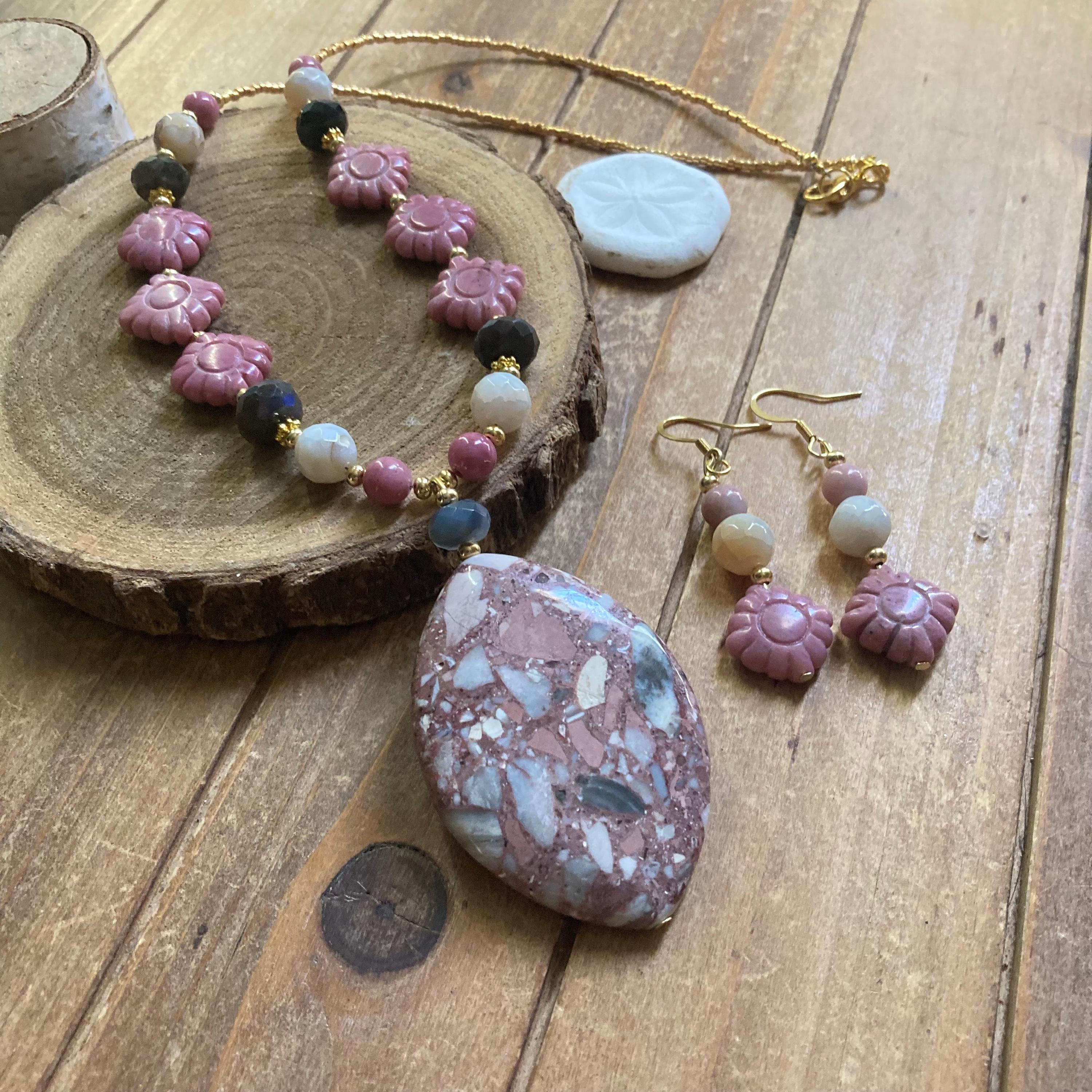 Composite Jasper Necklace Set Pink Rhodonite Stones Carved Earrings ...