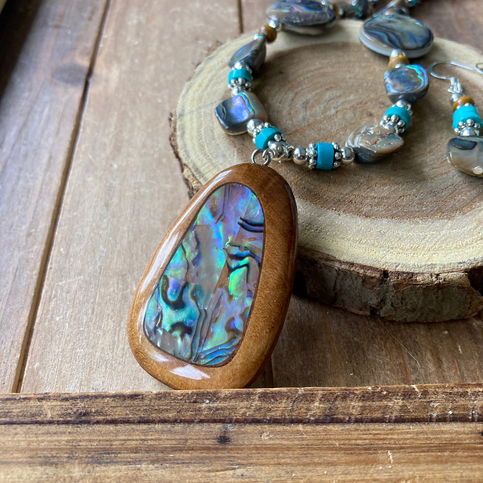 Wood Necklace Abalone Set Shell Pendant Necklace Native | Etsy