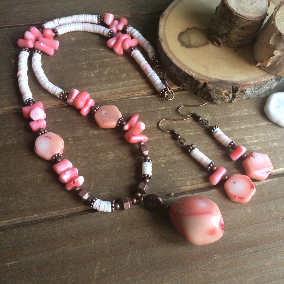 Coral Necklace Set Pink Puka Shells Gemstone Handmade Set Necklace Pink ...