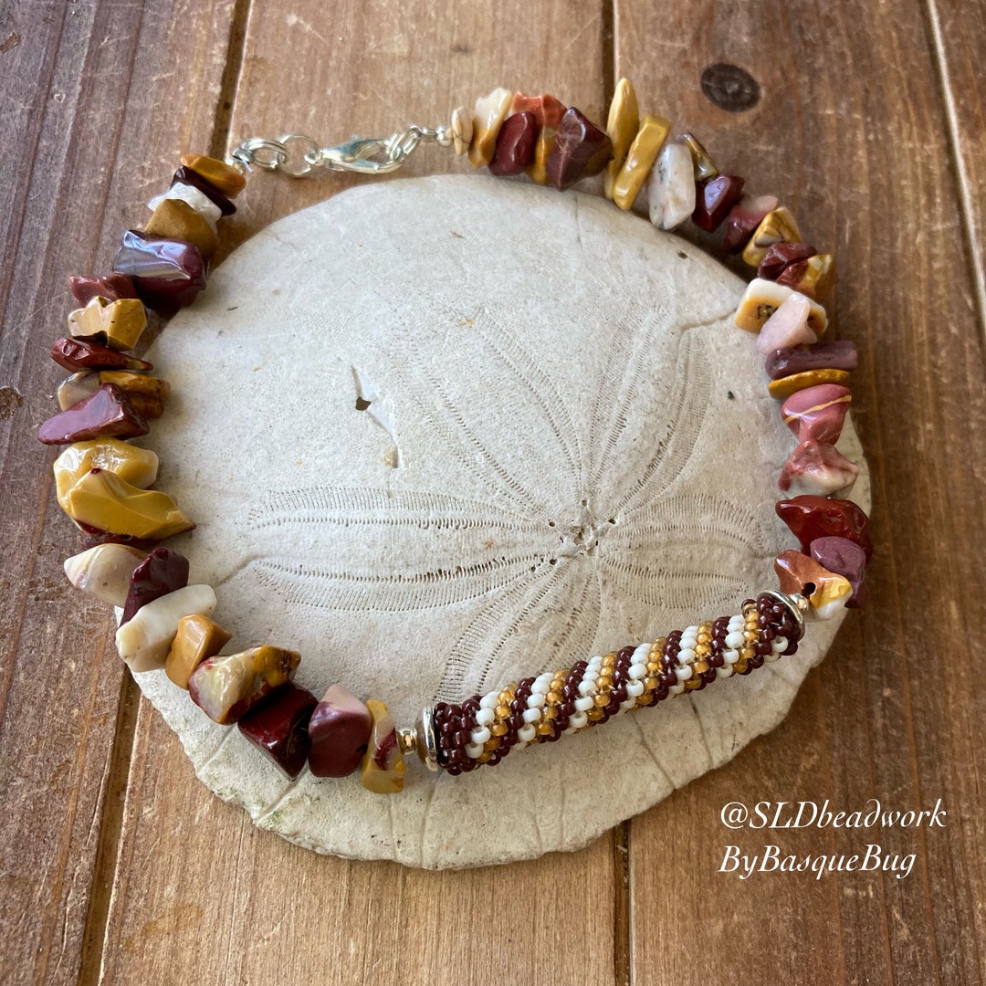 Tribal Bracelet Seed Beaded Peyote Jasper Mookite Stone Bracelet Basque ...