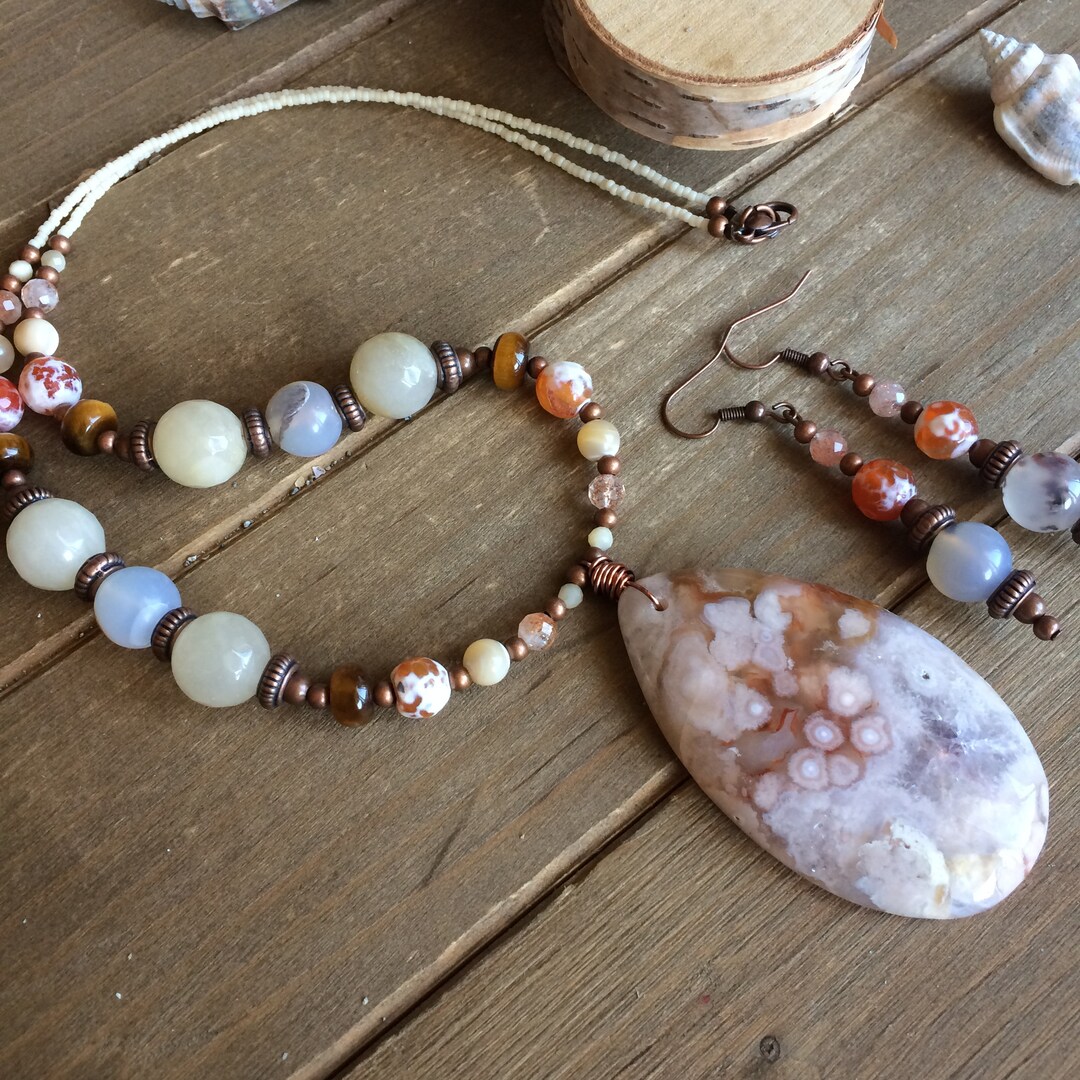 Boho Necklace Set Cherry Quartz Agate Pendant Set Beaded Necklace ...