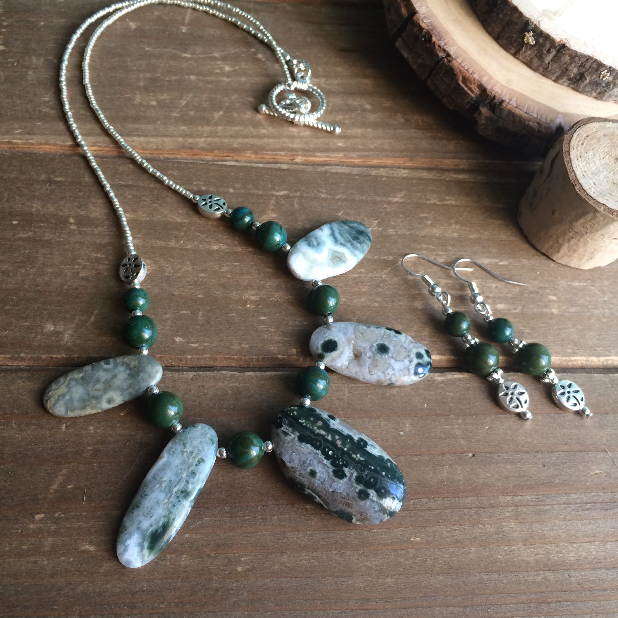 Green Necklace Stone Set Earrings Set Ocean Agate Pendant Set | Etsy