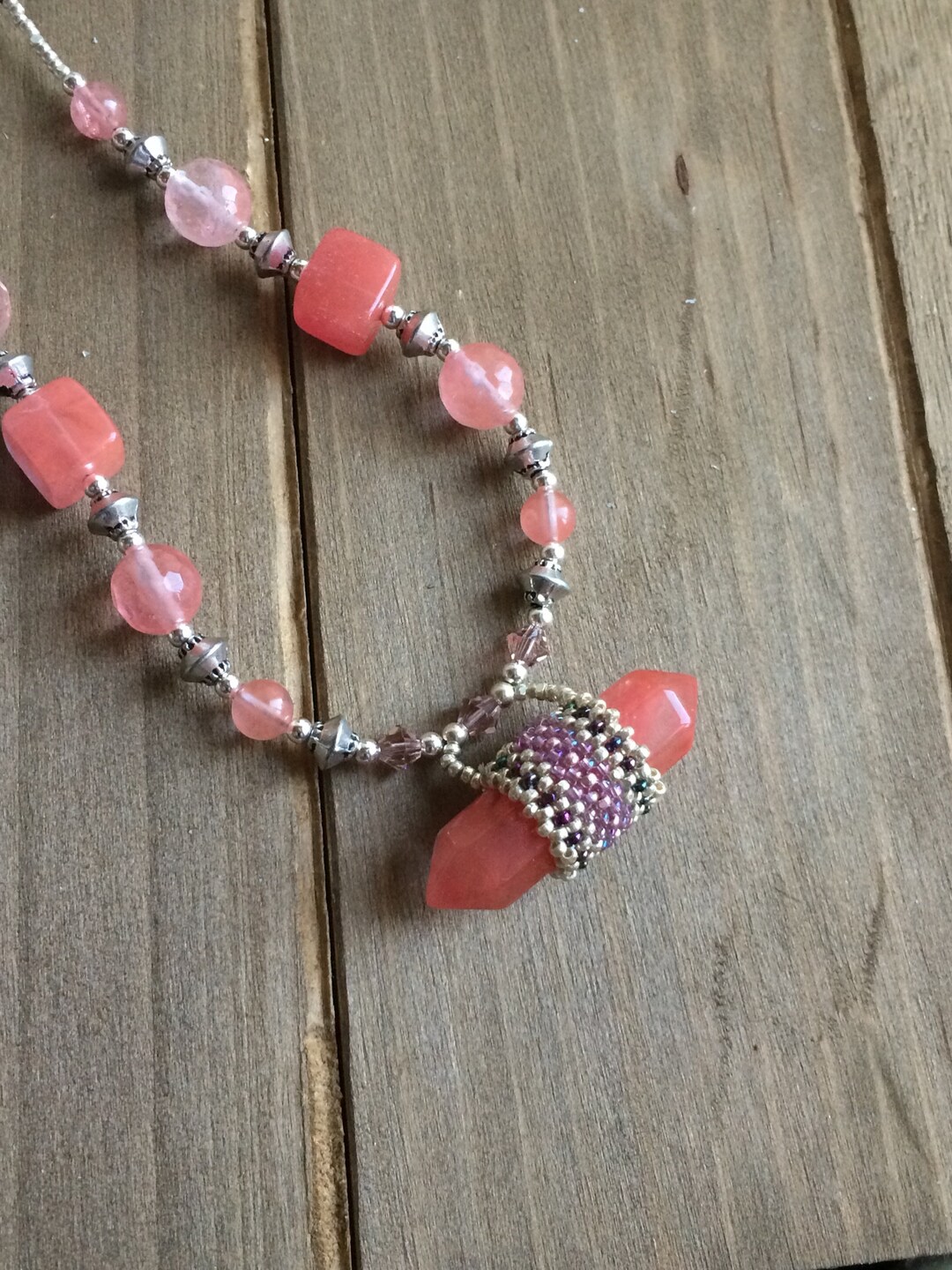Tribal Necklace Stone Wrapped Beaded Pink Cherry Quartz Basque American ...