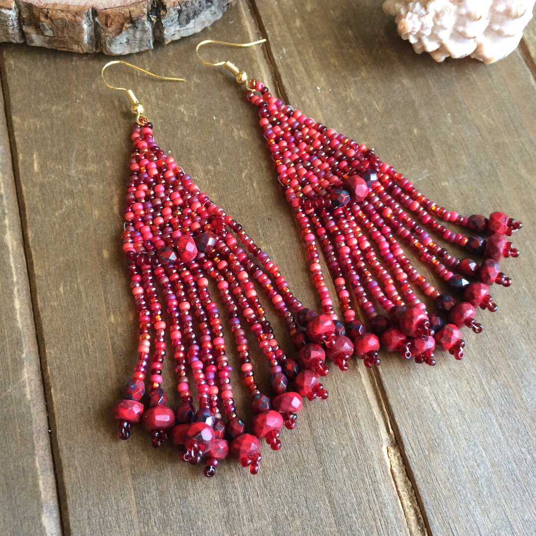 Red Earrings Seed Beaded Tribal Boho Brick Dangle Basque American ...
