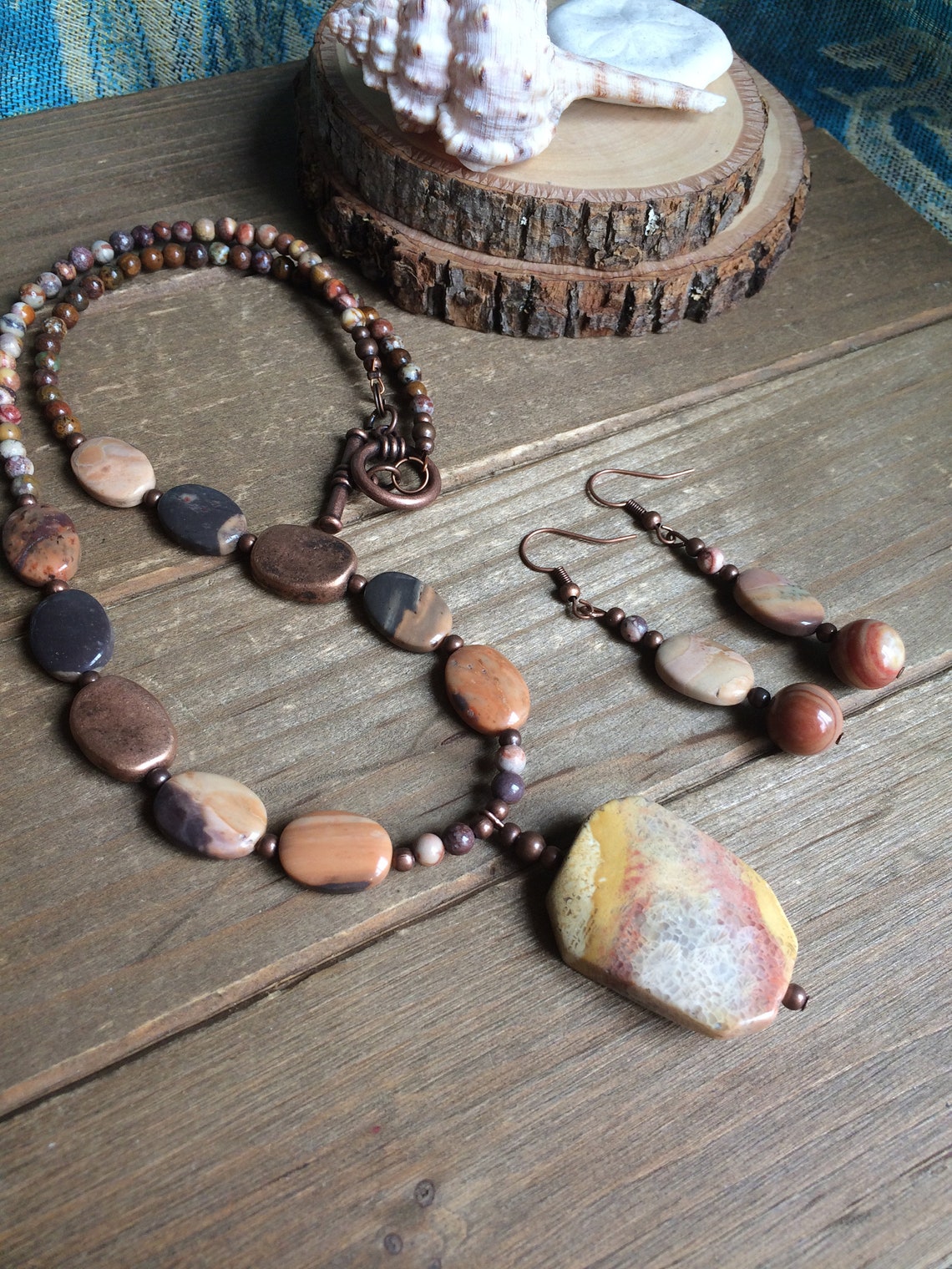 Stone Jewelry Set Necklace Earrings Set Fossil Coral Pendant Set Copper ...