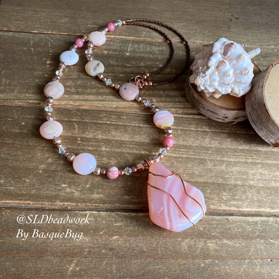 Pink Opal Necklace Stone Wire Necklace Copper Beaded Boho Necklace ...