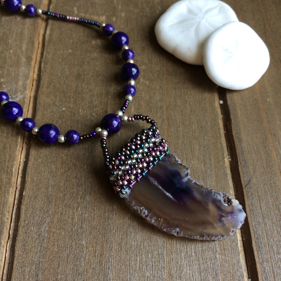 Peyote Beaded Necklace Wrapped Stone Purple Sliced Agate Pendant Fossil ...