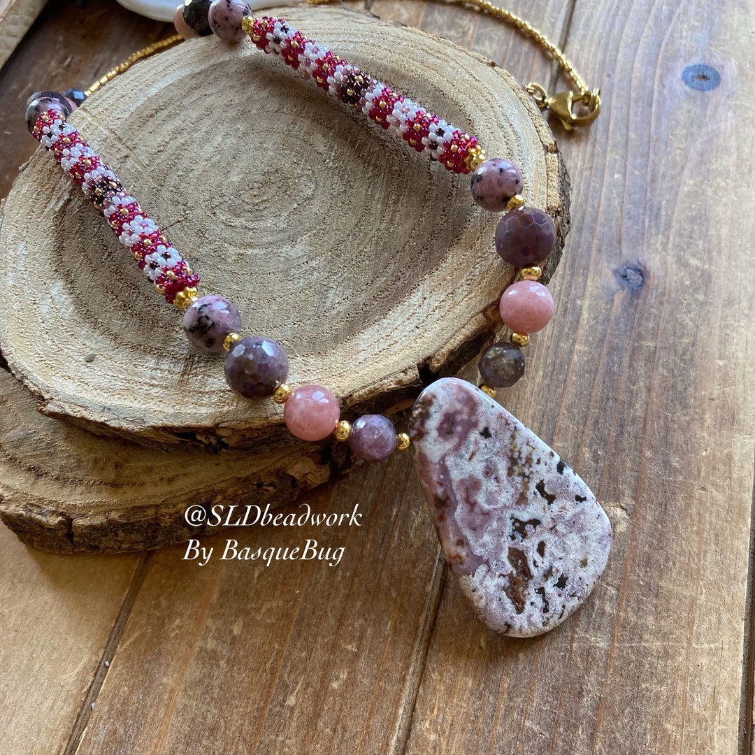 Cinnabrite Necklace Tribal Peyote Seed Beaded Gemstone Pendant Pink ...