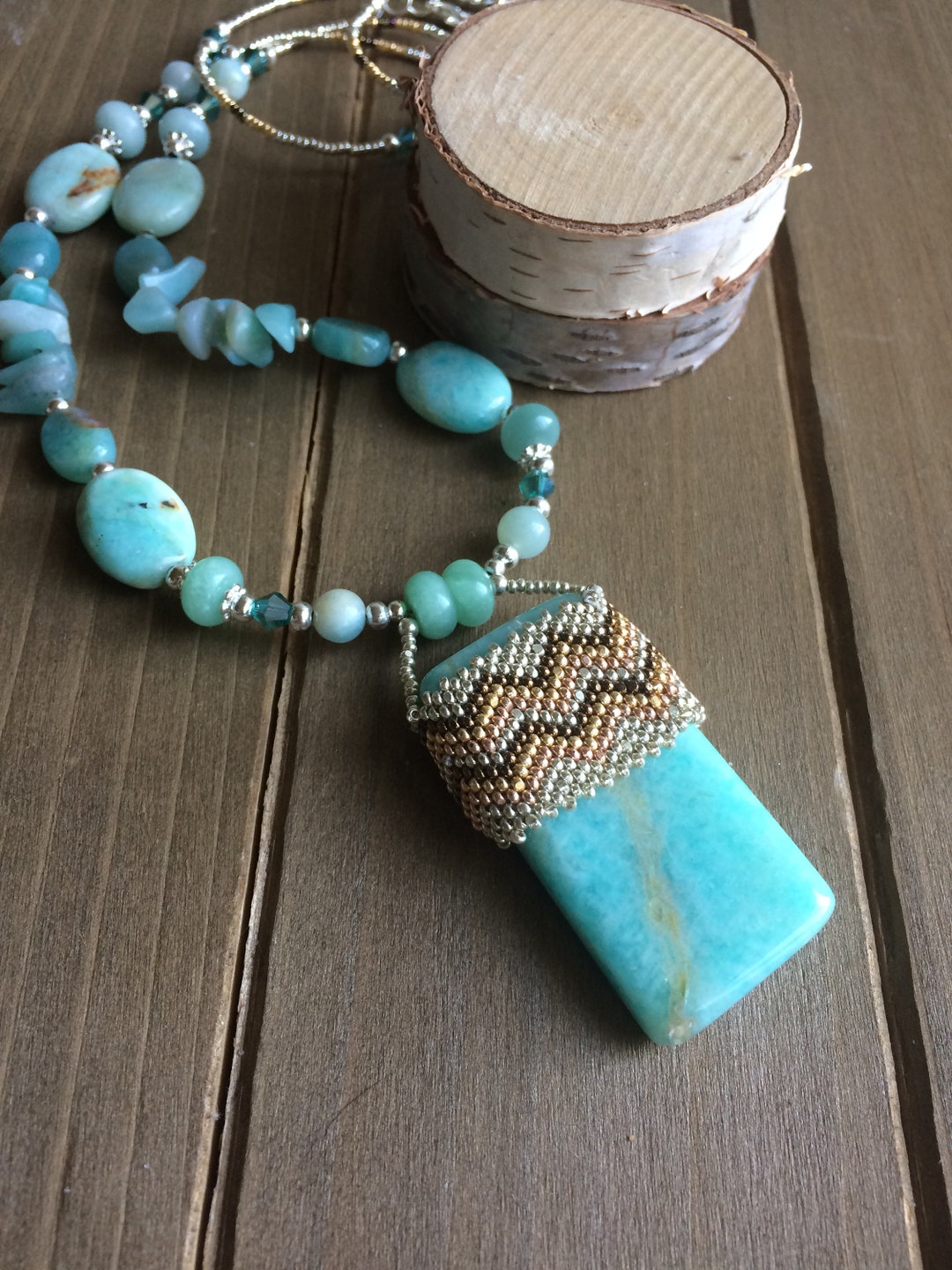 Amazonite Necklace Stone Wrapped Beaded Blue Tribal Jewelry Boho Hippie ...