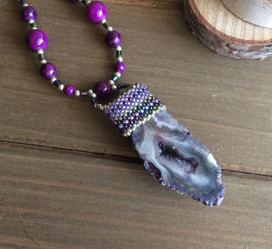 Peyote Beaded Necklace Purple Geode Necklace Druzy Violet Fossil Coral ...