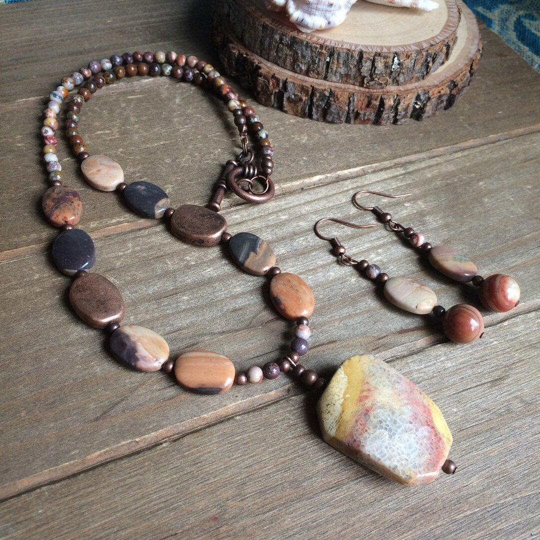 Stone Jewelry Set Necklace Earrings Set Fossil Coral Pendant Set Copper ...