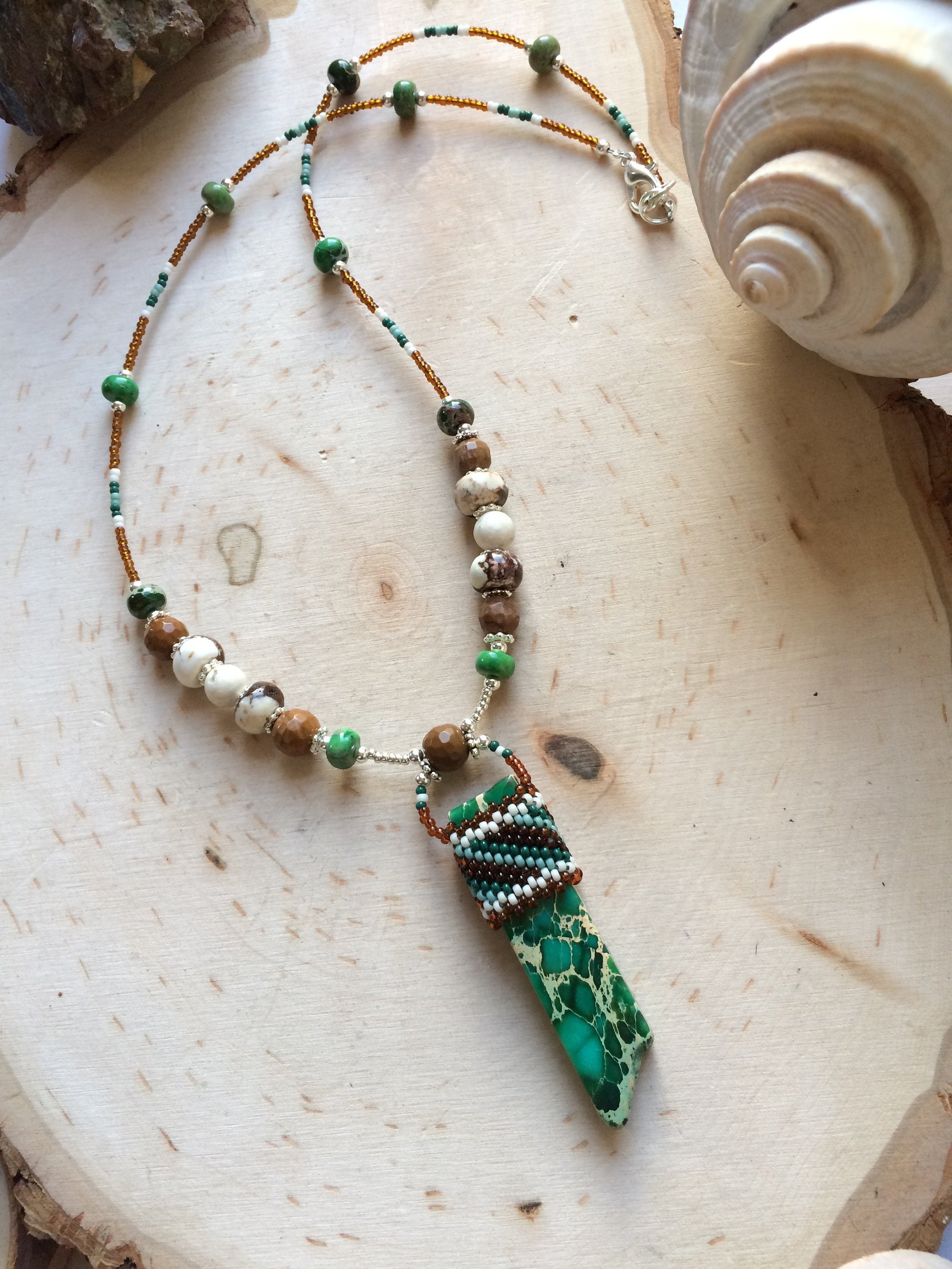 Peyote Beaded Necklace Green Mosaic Stone Pendant Necklace Boho Tribal ...