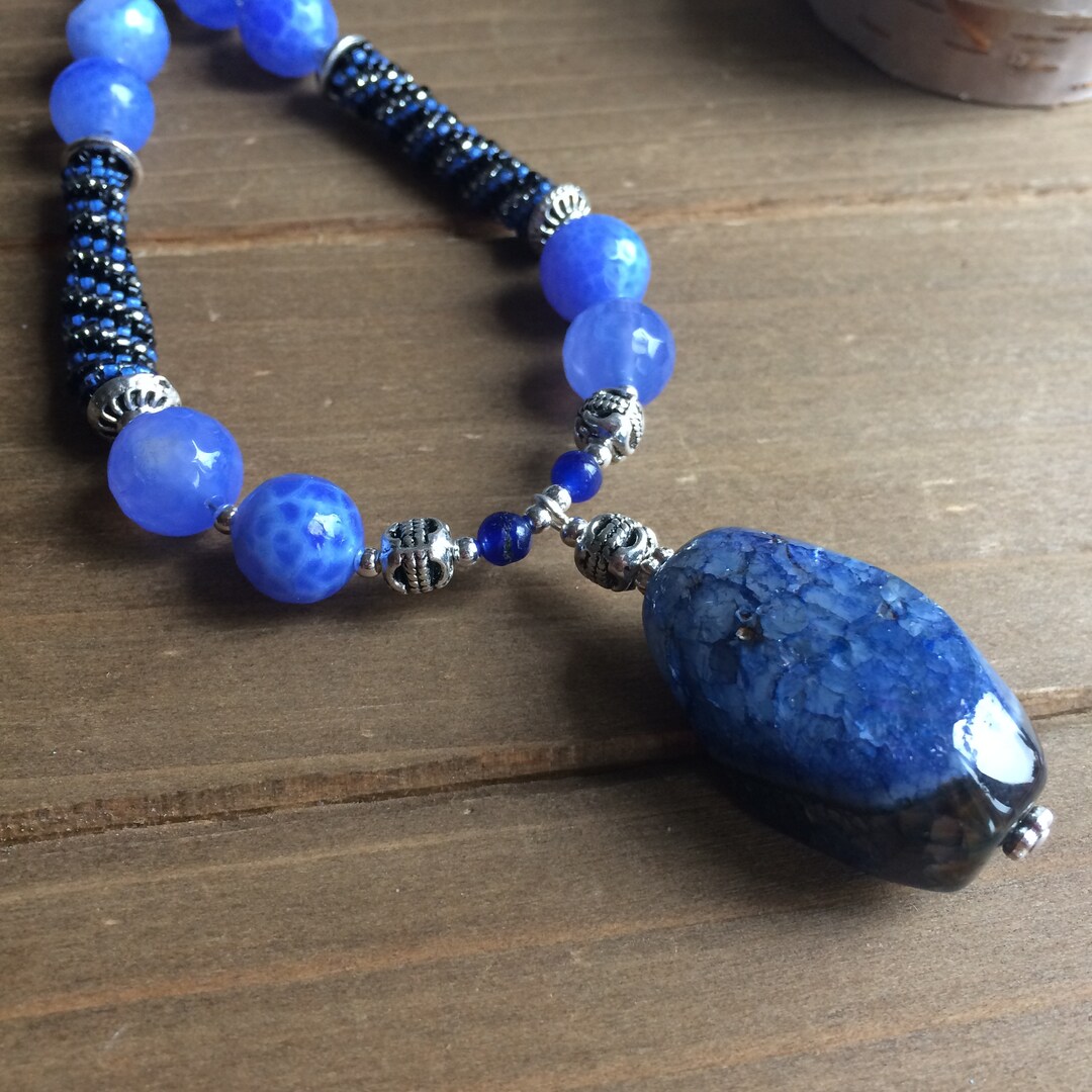 Seed Bead Blue Necklace Boho Peyote Fire Agate Quartz Beaded Tribal ...