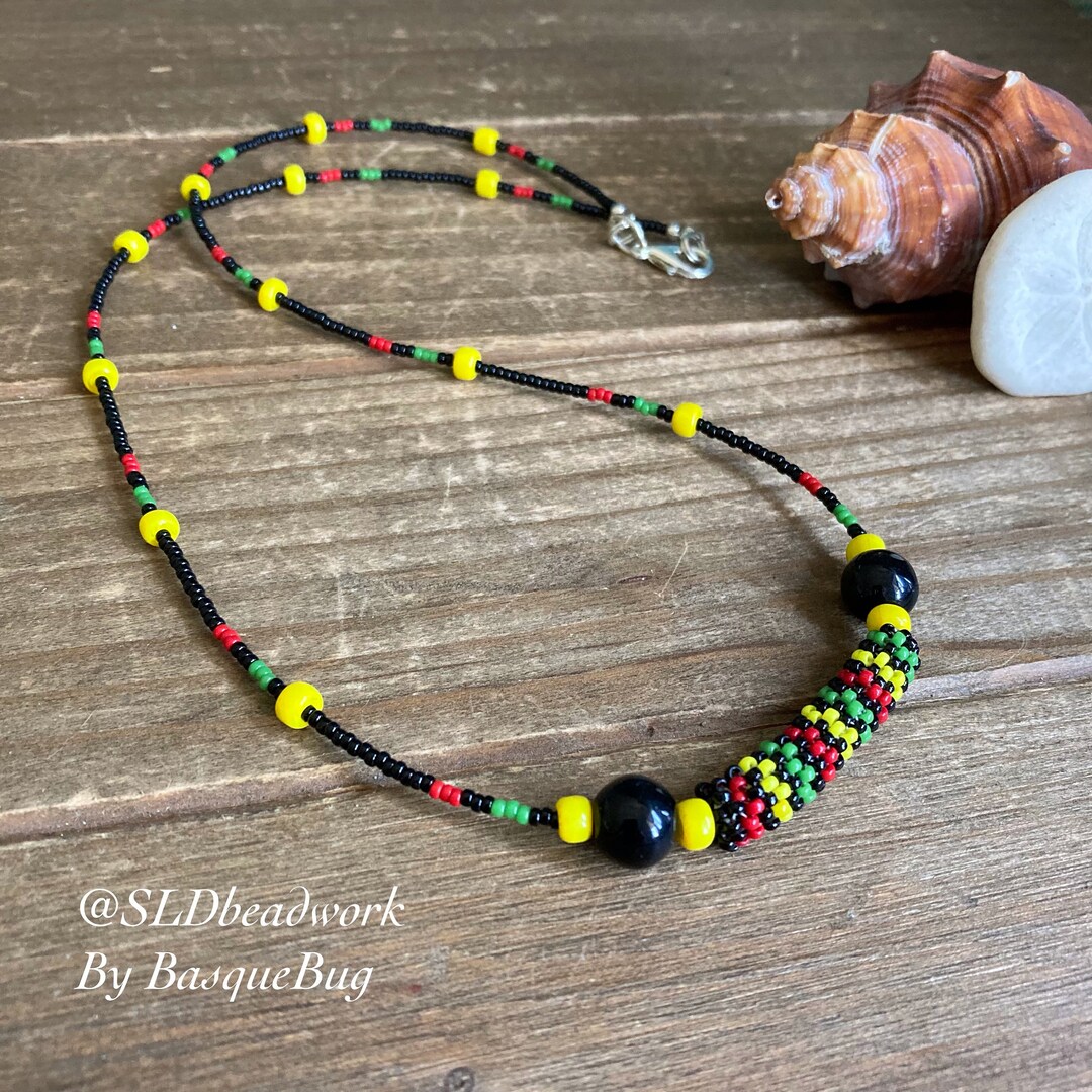 Rasta Choker Boho Seed Beaded Necklace Black Agate Peyote Tribal Basque ...