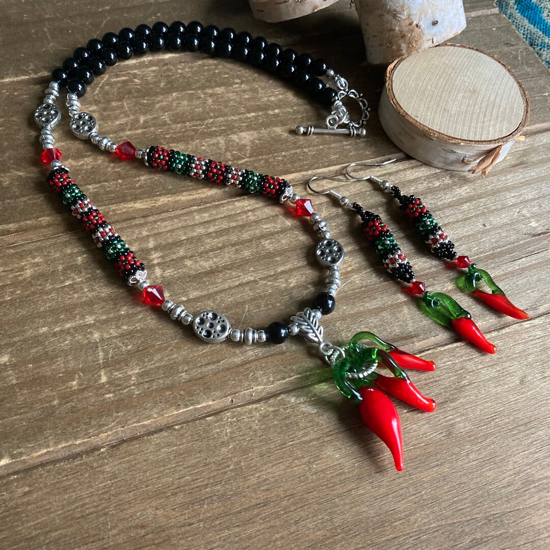 Chili Necklace Set Red Beaded Necklace Glass Lamp Necklace Handmade ...