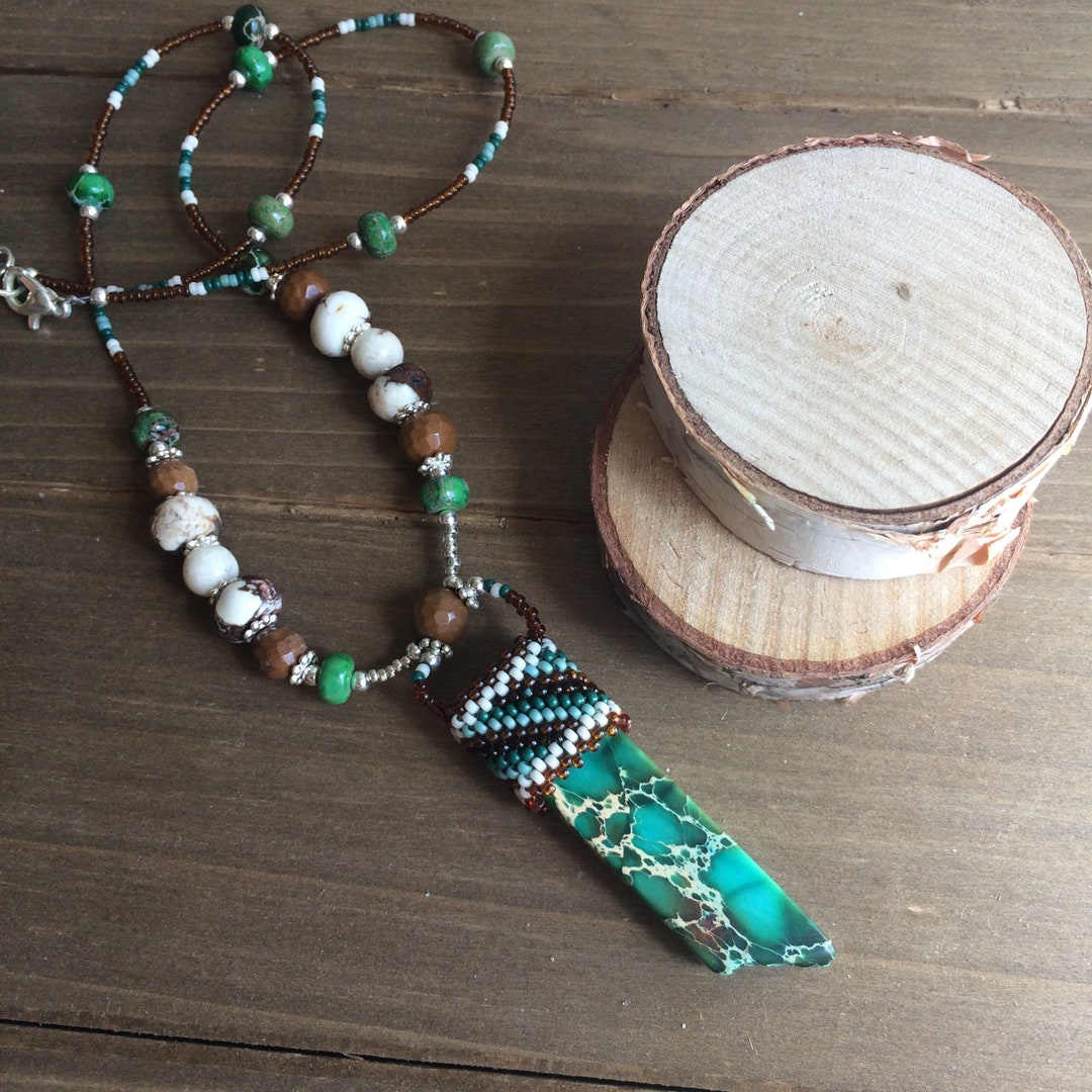 Peyote Beaded Necklace Green Mosaic Stone Pendant Necklace Boho Tribal ...