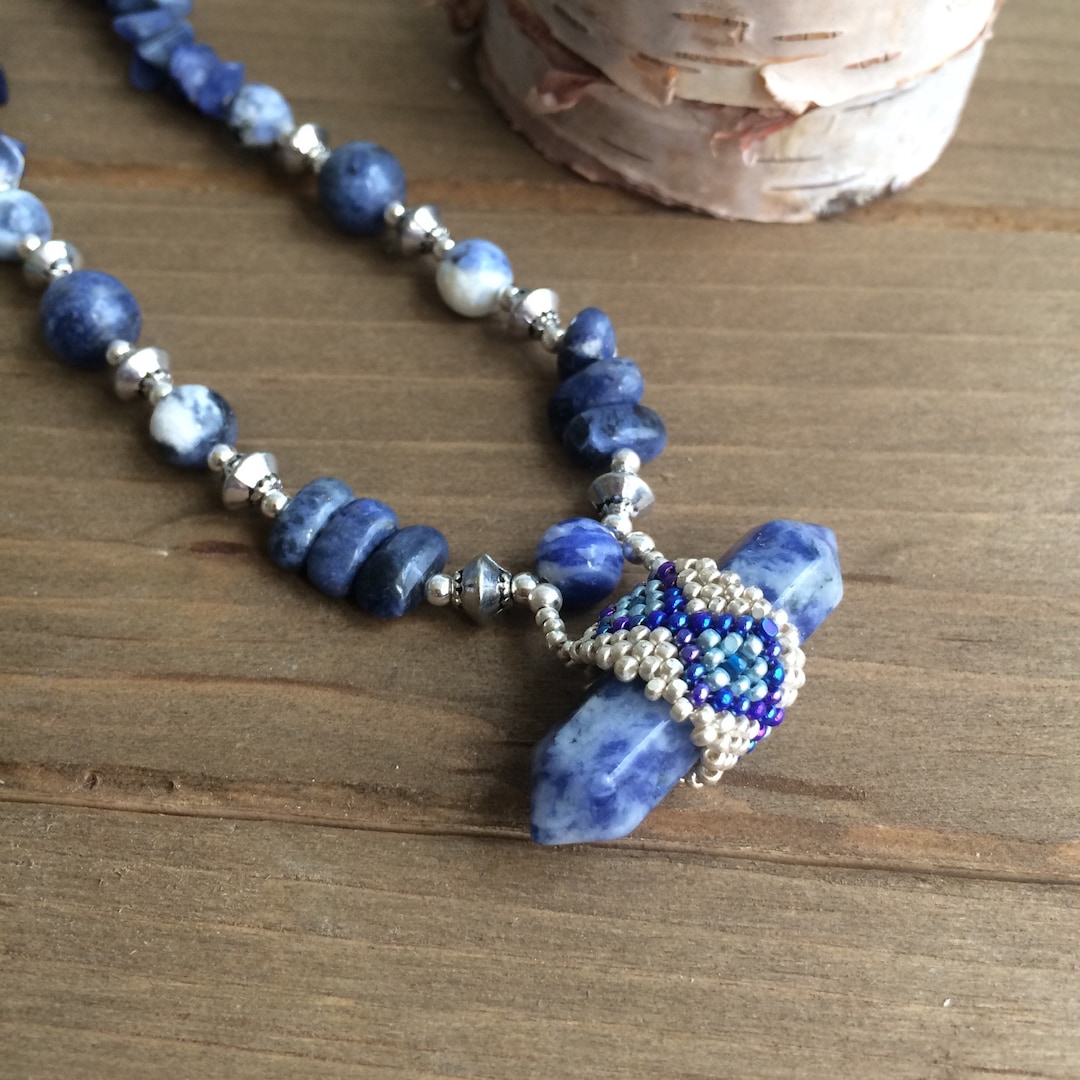 Beaded Necklace Stone Wrapped Basque American Bead Sodalite Stone Boho ...