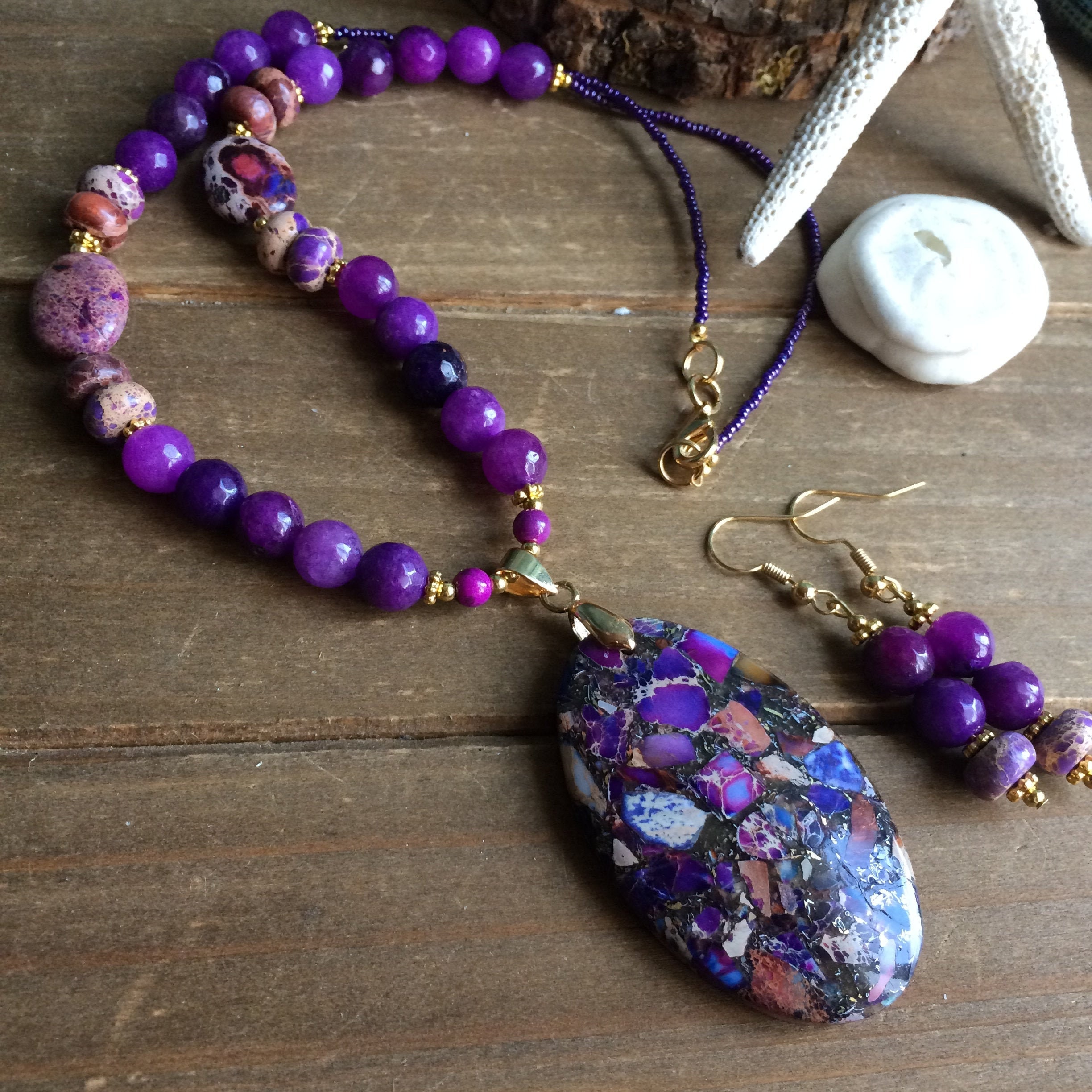 Stone jewelry set necklace earrings purple Composite atone | Etsy