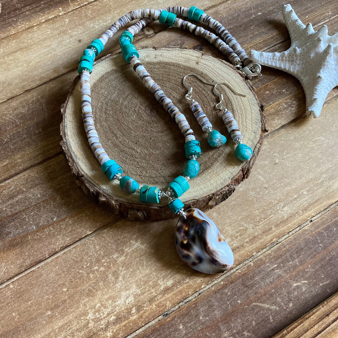 Jewelry Set Rare Limpit Shell Pendant Necklace Earrings Turquoise Set ...