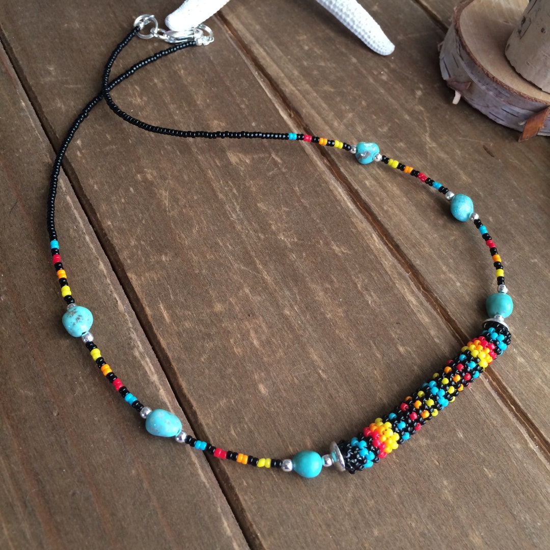 Turquoise Necklace Beaded Basque American Peyote Necklace Rainbow