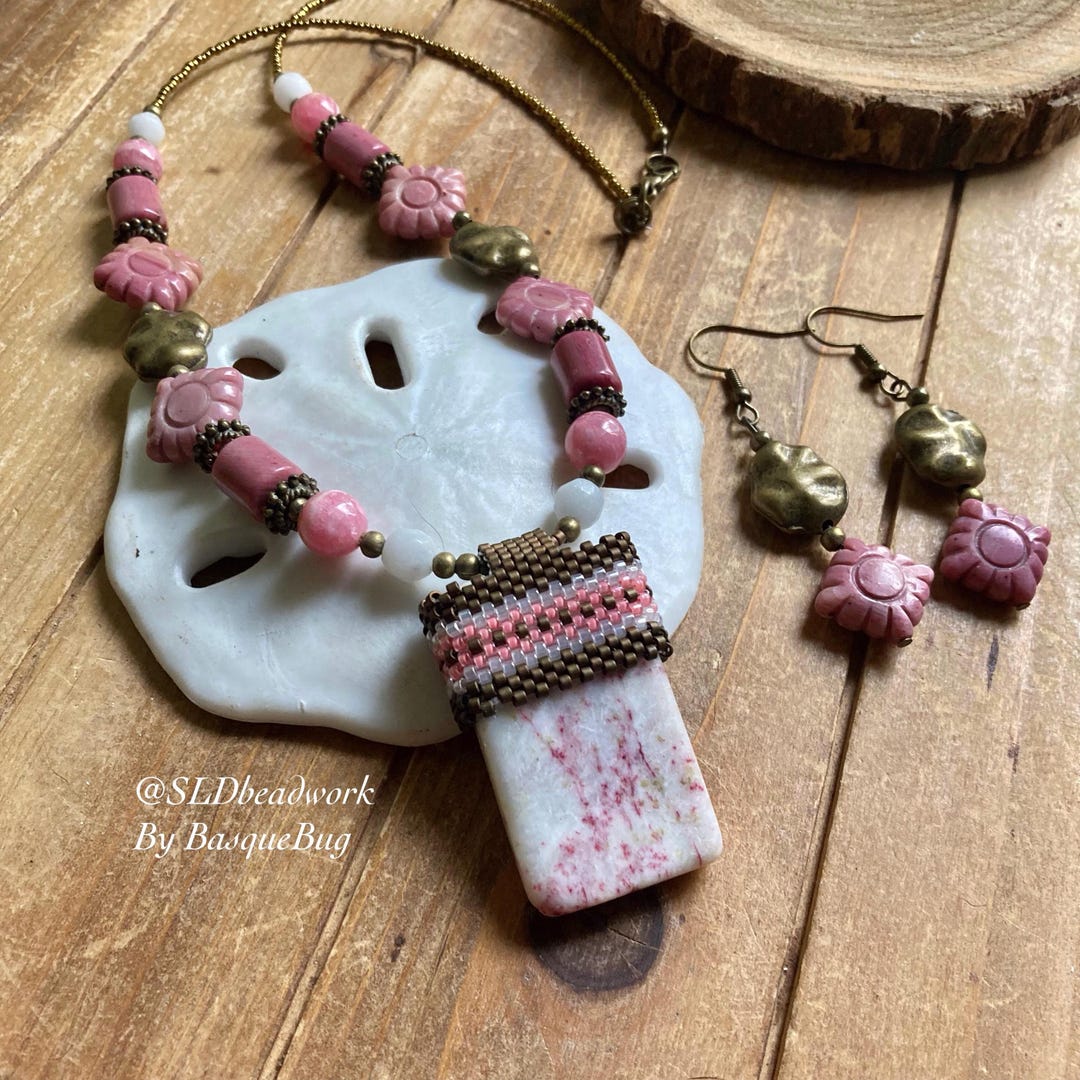 Cinnabrite Necklace Tribal Peyote Beaded Gemstone Pink Natural Stone ...