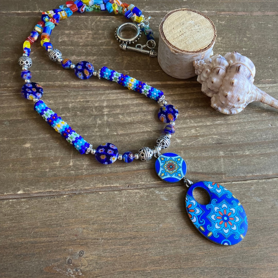 Millefiori Necklace Beaded Jewelry Tribal Basque American Bead Blue ...