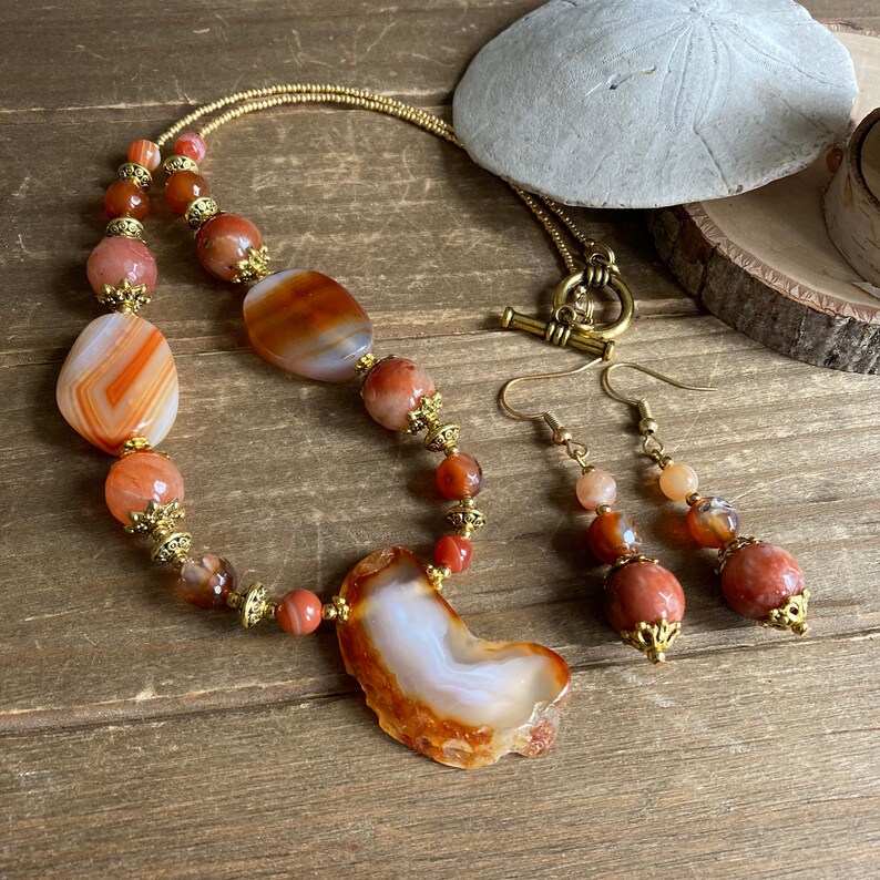 Stone Jewelry Set Necklace Earring Set Orange Gemstone Set - Etsy