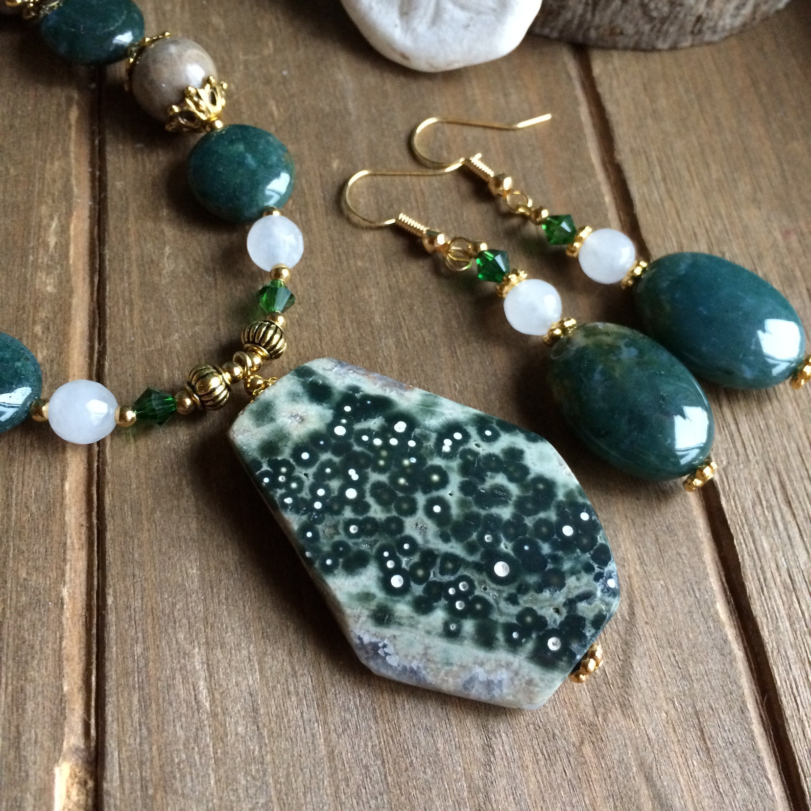 Boho Necklace Set Handmade Pendant Set Beaded Ocean Jasper - Etsy
