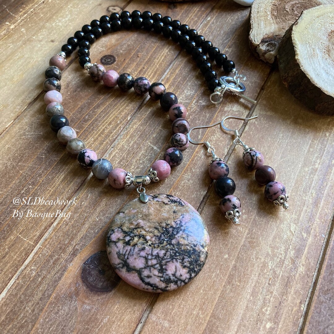 Rhodonite Jewelry Set Boho Necklace Earrings Pink Black Set Silver ...