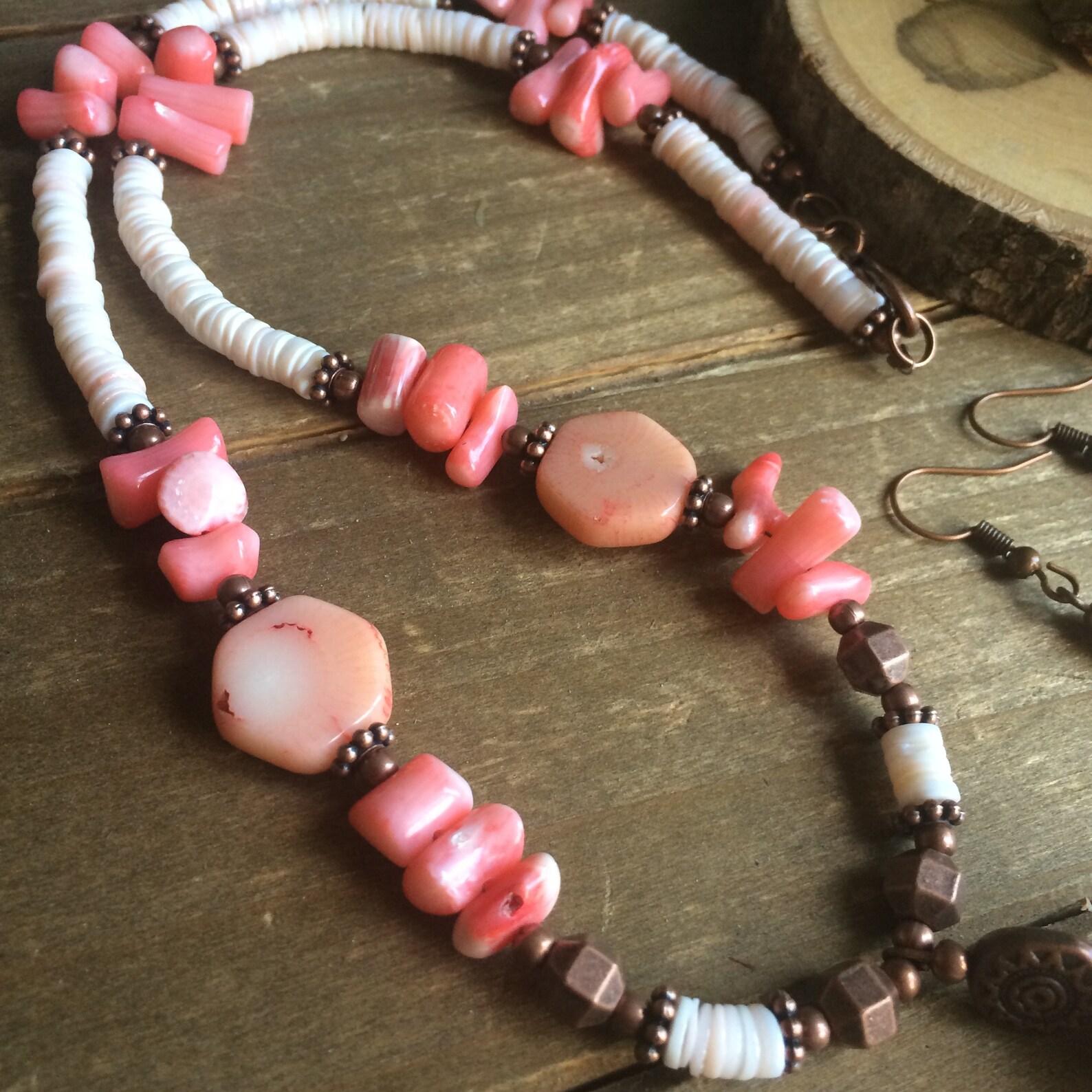 Coral necklace set pink puka shells gemstone handmade set | Etsy