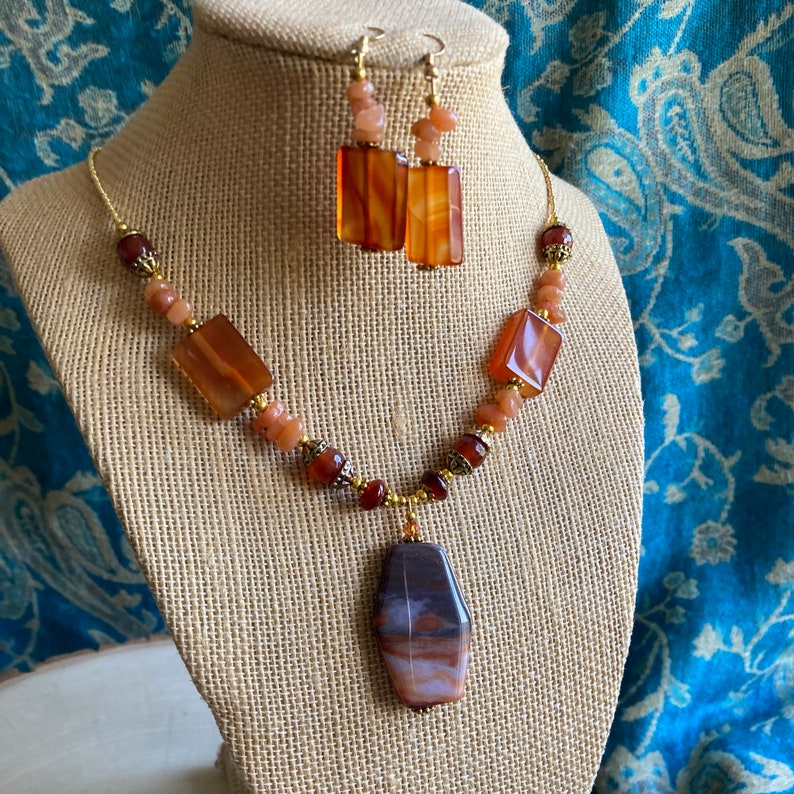 Stone Jewelry Set Necklace Earring Set Orange Gemstone Set | Etsy