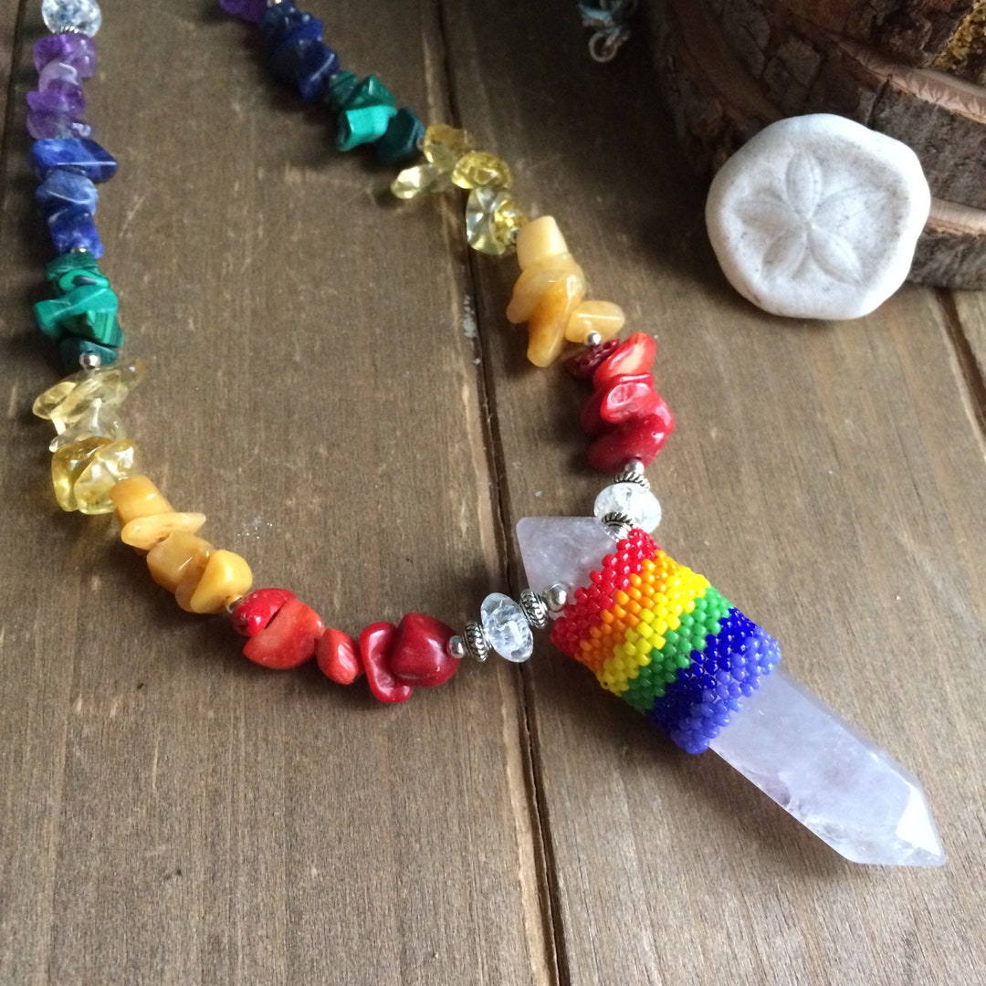 Boho Necklace Wrapped Quartz Peyote Beaded Rainbow Stone Necklace ...