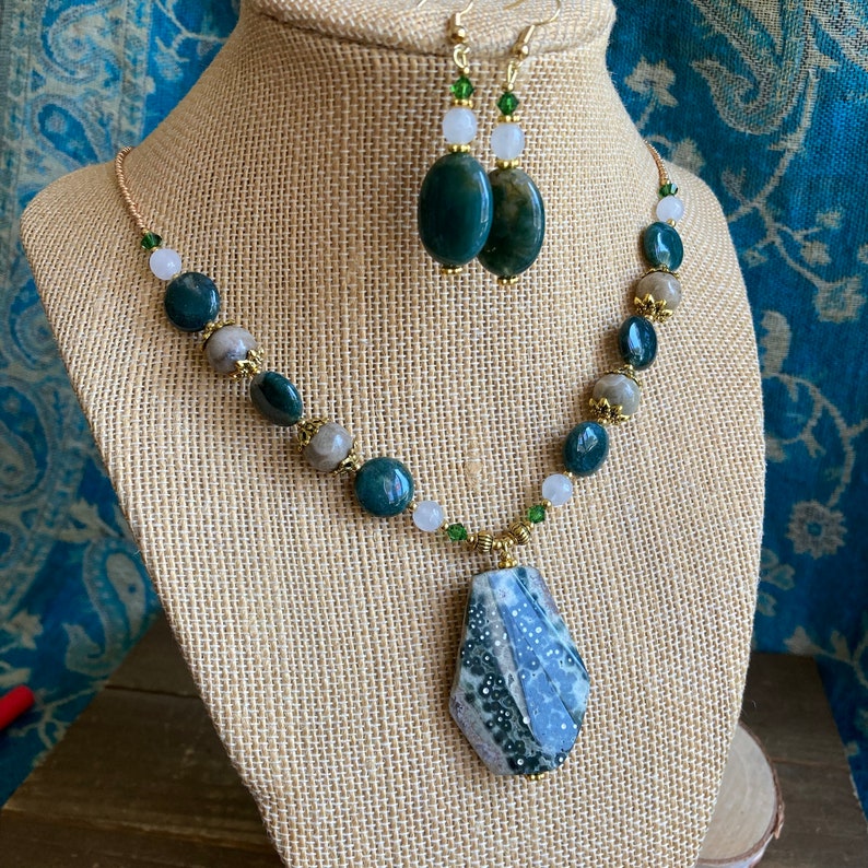 Boho Necklace Set Handmade Pendant Set Beaded Ocean Jasper - Etsy