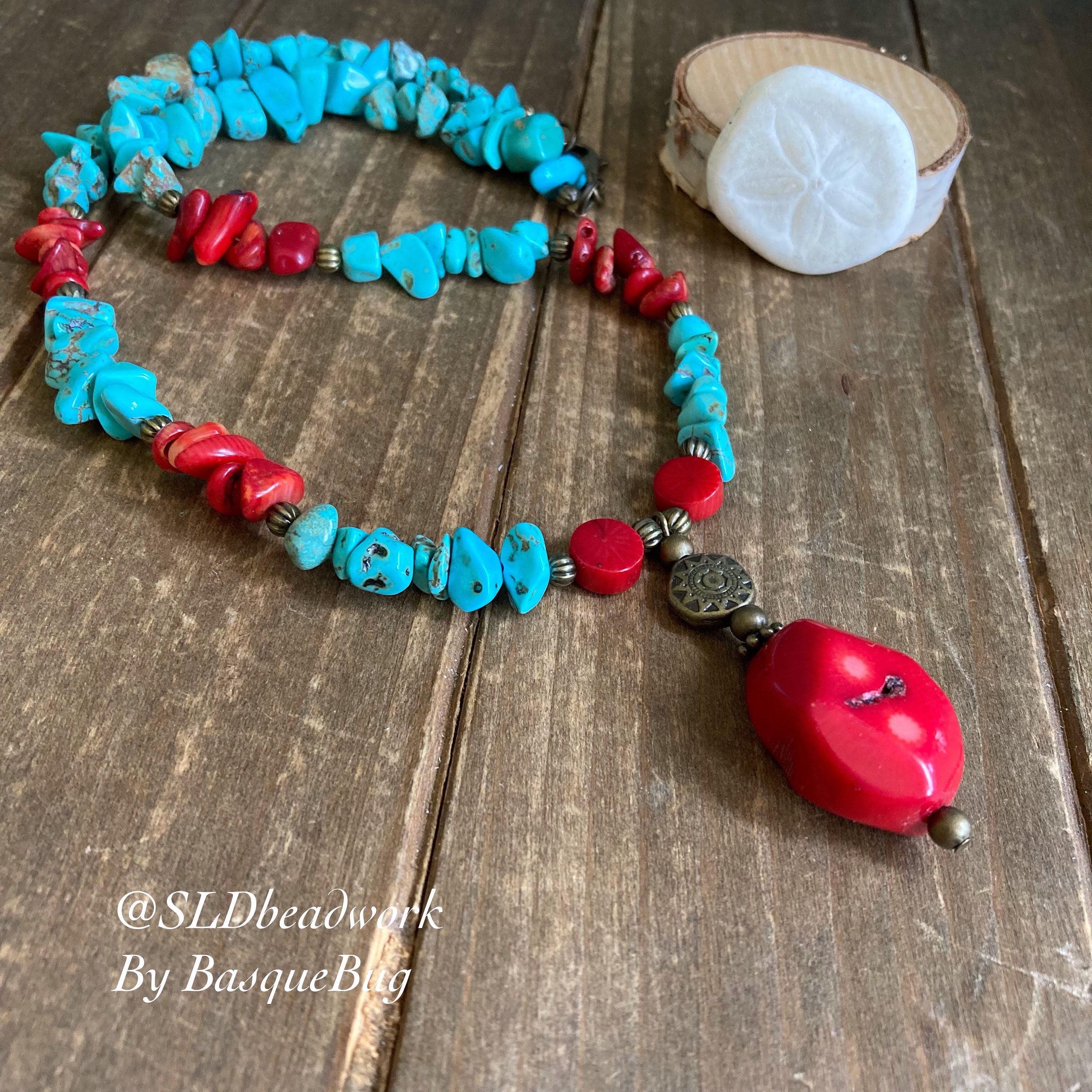 Red Coral Necklace Gemstone Handmade Turquoise Necklace Blue Red Stone Necklace Boho Beach Surf Bronze Tropical Unique Jewelry for Women 18 Etsy