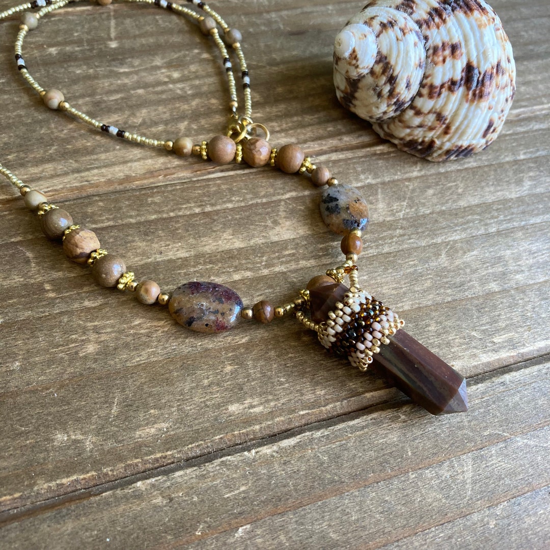 Peyote Necklace Beaded Wrapped Stone Brown Jasper Necklace Gold Pendant ...