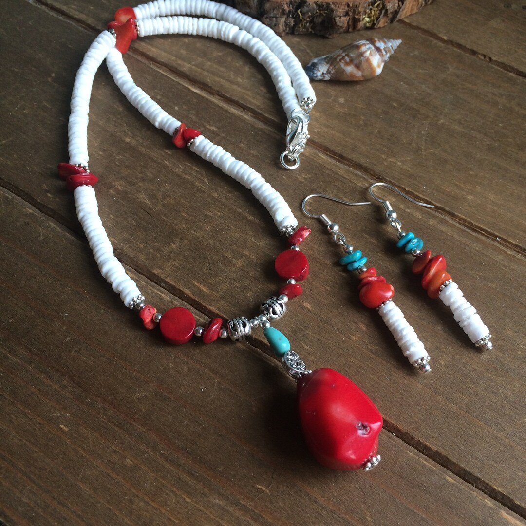 Coral Necklace Set Puka Shells Gemstone Handmade Set Kingman Turquoise ...