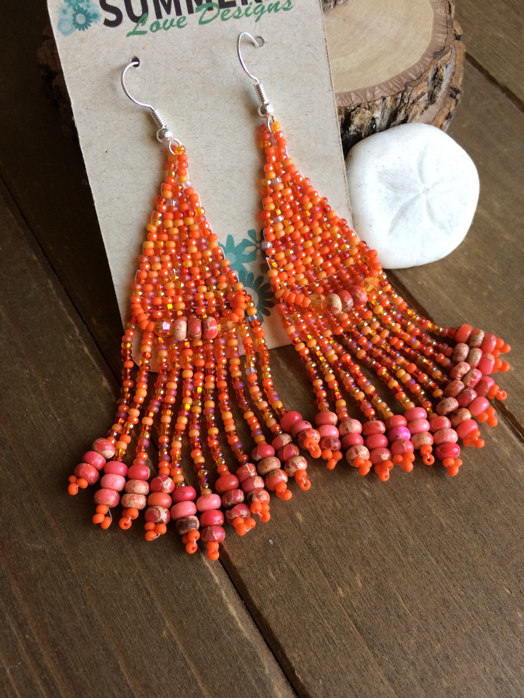Orange Earrings Fringe Tribal Boho Brick Stitch Basque American ...