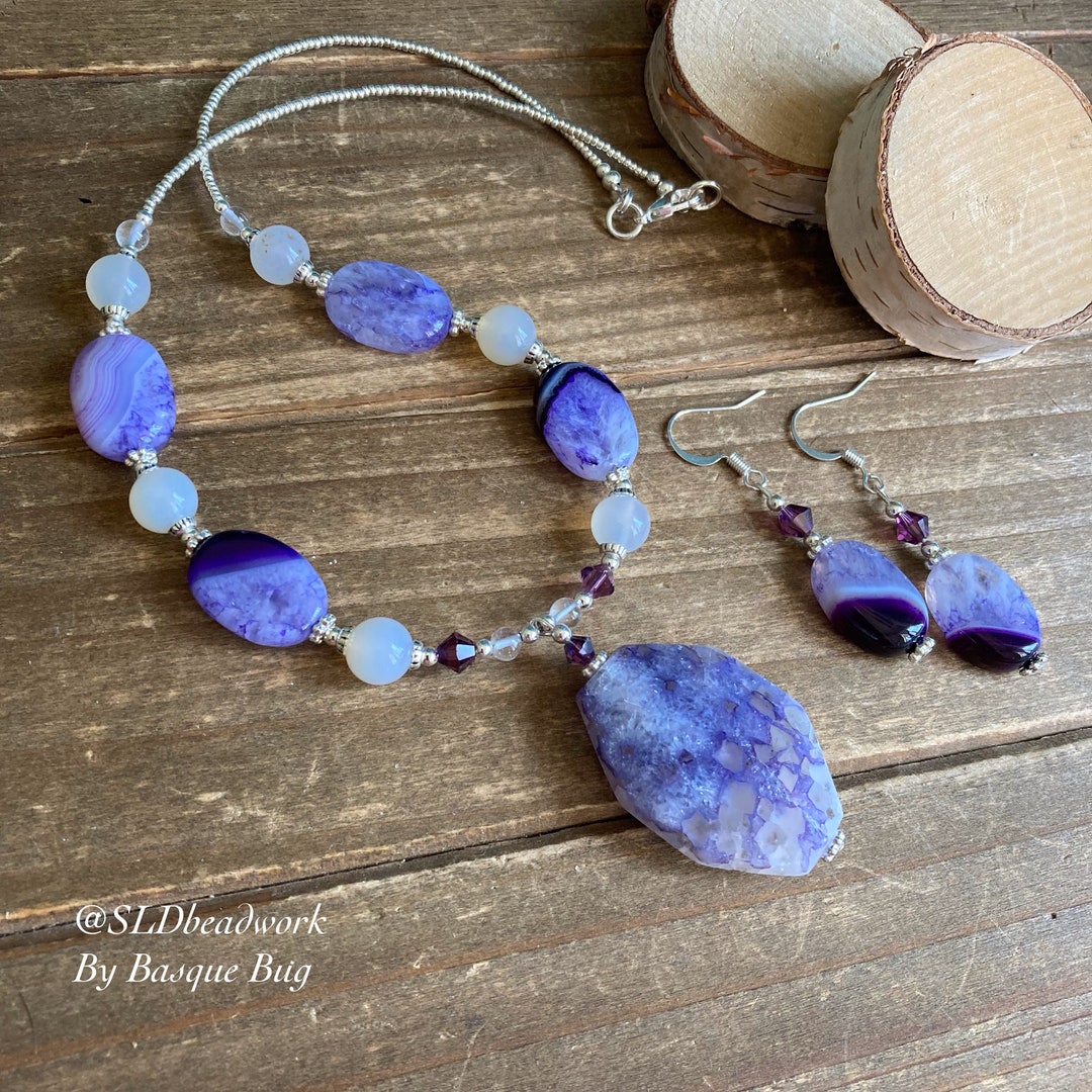 Stone Jewelry Set Necklace Earrings Set Purple Pendant Handmade Quartz ...