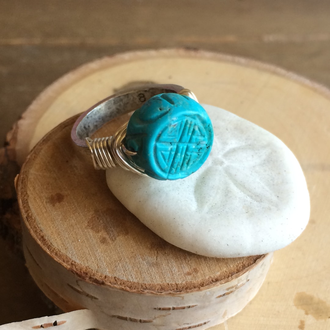 Turquoise Ring Blue Hammered Silver Size 8 Carved Turquoise Ring ...