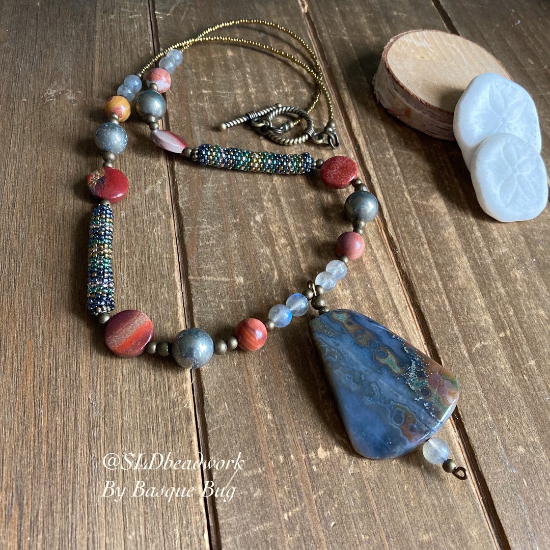 Pyrite Necklace Beaded Ocean Agate Stone Peyote Necklace Beaded Native ...