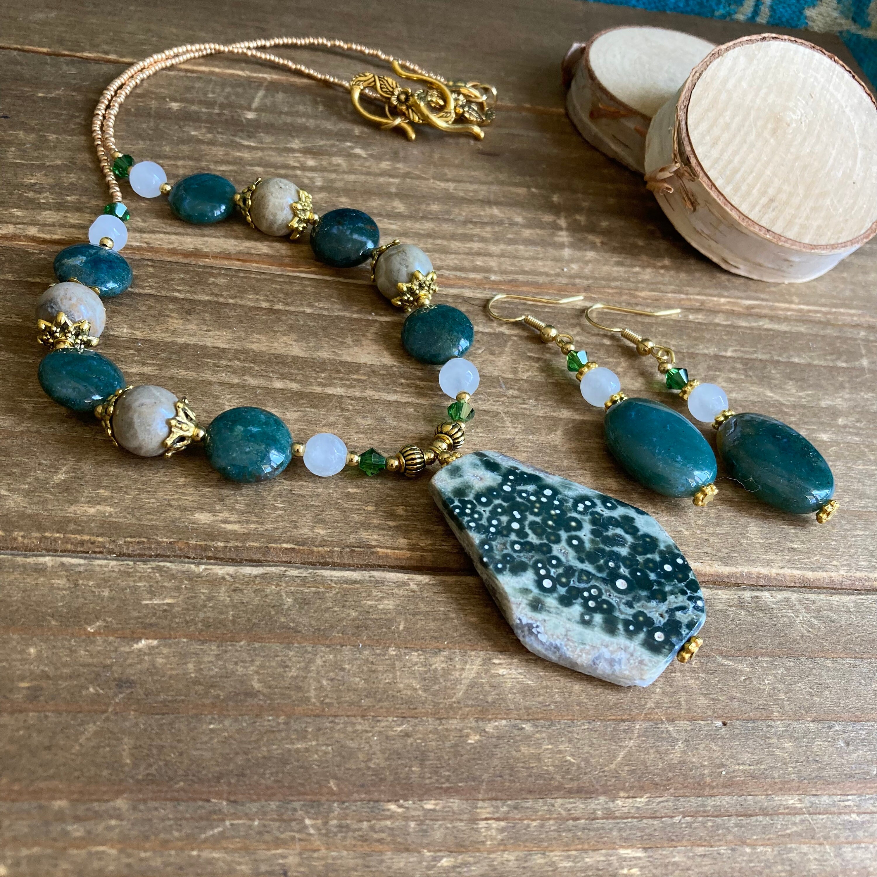 Boho Necklace Set Handmade Pendant Set Beaded Ocean Jasper Earrings ...